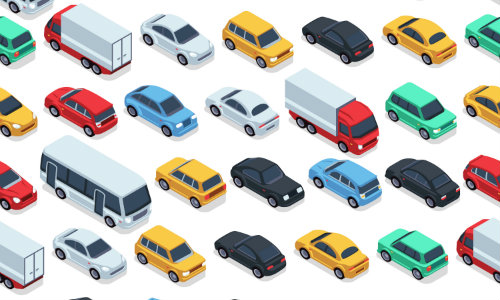 many cars, trucks, buses, and other vehicles grouped together with ...