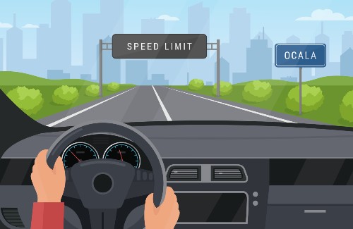 cartoon of person driving on highway speed limit sign and location sign